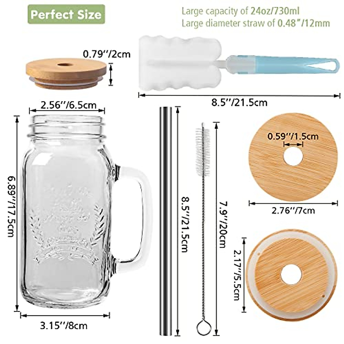 Yirilan 4 Pack 24Oz Mason Jar Cups, Mason Jars with Handle, Mason Jar Drinking Glasses, Mason Jar with Lid and Straw, Mason Jar Mugs