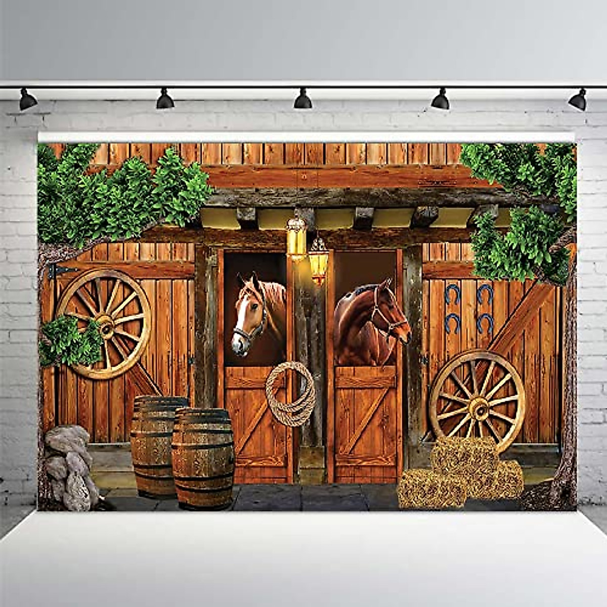 MEHOFOND 10x7ft One Wild West Stable Backdrop Texas Western Cowboy Horse in Barn Baby Shower Wheels Mews Photography Background Travel Party Events Photo Studio Props