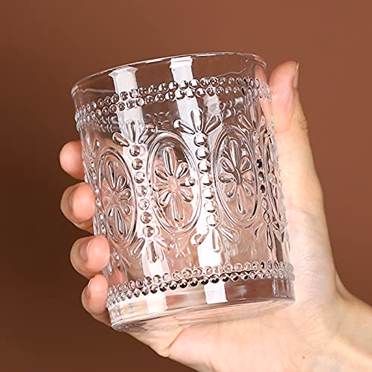 Bekith 6 Pack Drinking Glasses, 9.5 oz Romantic Water Glasses Tumblers, Heavy Duty Vintage Glassware Set for Whisky, Juice, Beverages, Beer, Cocktail