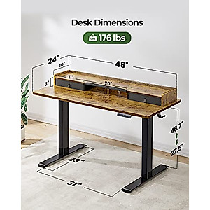Marsail Electric Standing Desk with Dual Drawers, 48 x 24 Inches Height Adjustable Desk with Storage Shelf, Sit Stand Desk with 4 Memory Preset, 2 Storage Hooks, Stand Up Desk for Home Office,Rustic