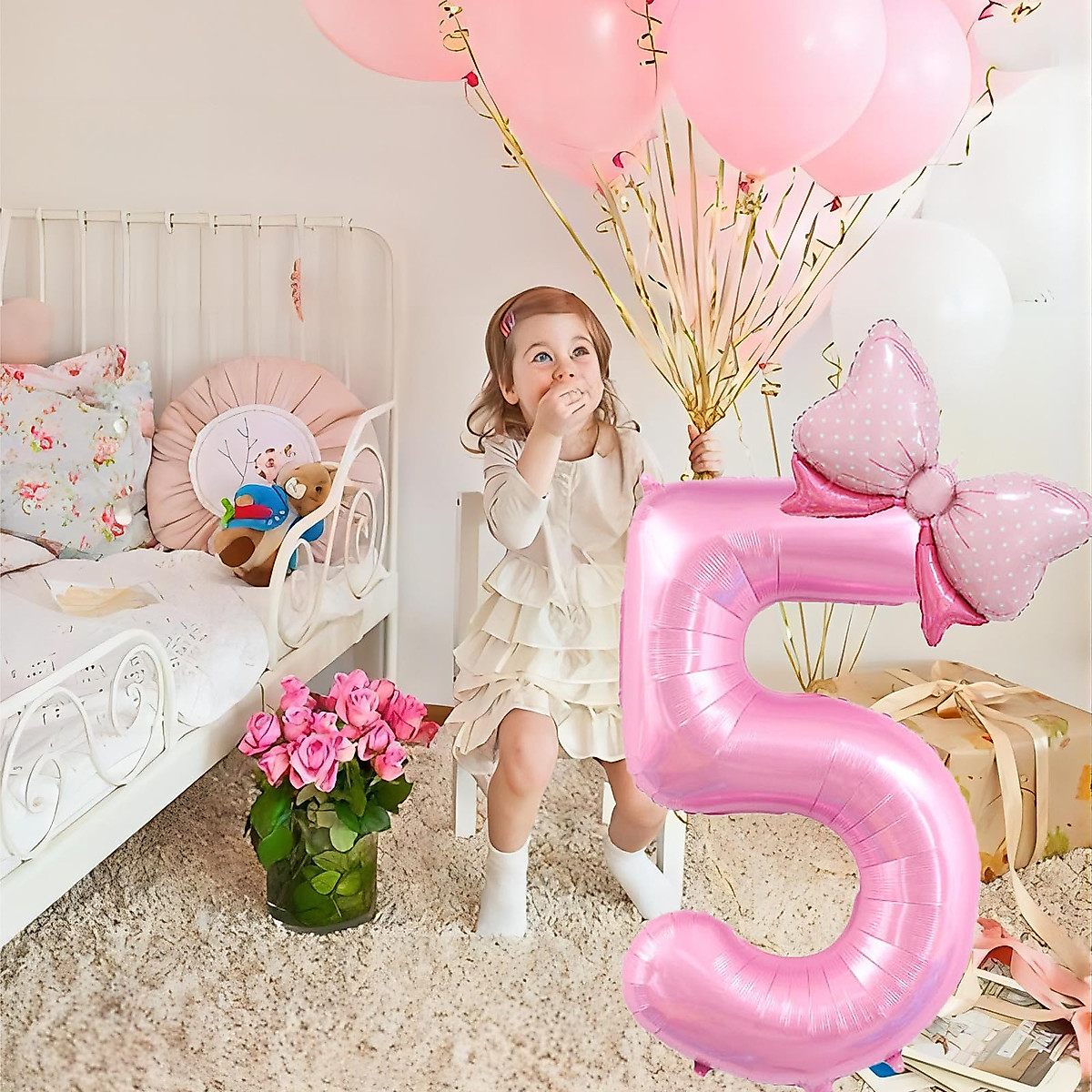 40 inch Number 1 Balloon with Bow Pink Happy Birthday Jumbo Number Balloon for Girls Daughter Birthday Decorations Party Supplies (Number 1)