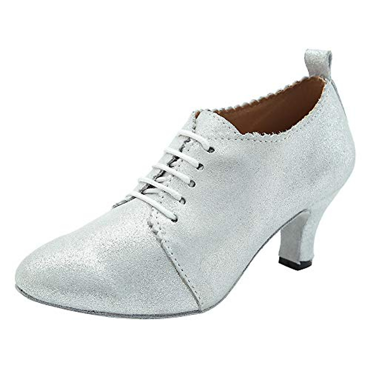 HIPPOSEUS Latin Dance Shoes for Women with Closed Toe Lace up Ballroom Latin Salsa Tango Dance Practice Shoes Low heel 2.33",Silver, 8 B(M) US