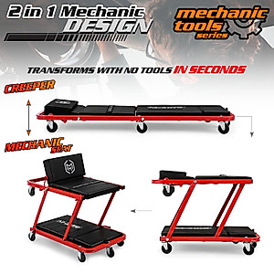 M-AUTO Heavy-Duty Convertible Mechanic Creeper, Z-Creeper 2-in-1 Creeper and Seat 48" Padded Adjustable Headrest Roller Garage Chair with 7 Swivel Casters for Washing, Detailing, Maintenance, Red