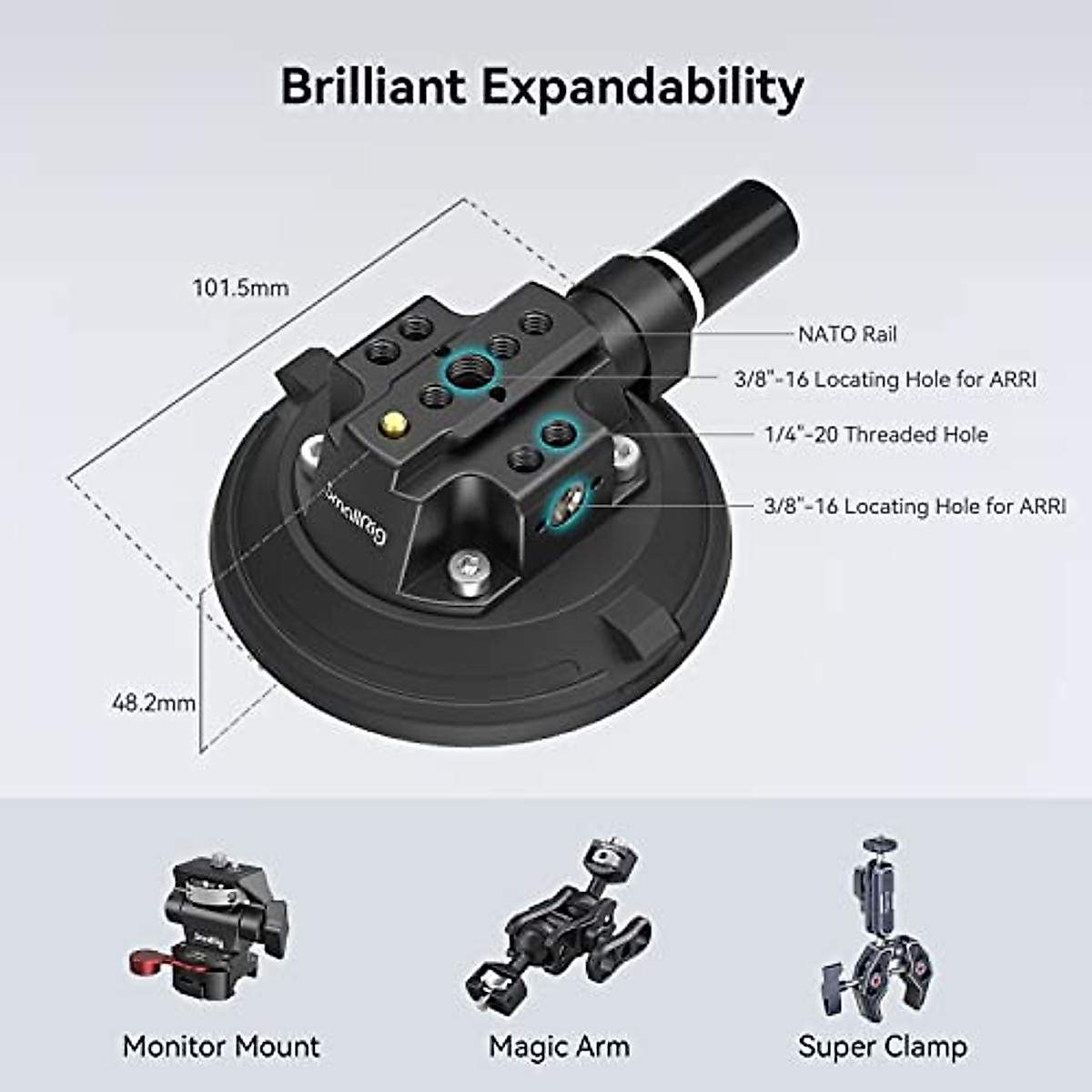 SMALLRIG 4″ Suction Cup Camera Mount, Car Mount for Cameras/ Smartphones on Car/ Clean and Smooth Surfaces, Max 2kg Load for Speeds up to 80km/h (50mph), Recommend 10kg Load When Stationary - 4122