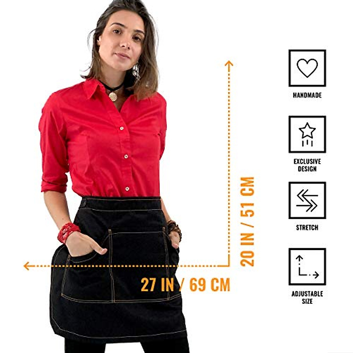 Under NY Sky Half Deep Black Apron with Durable Twill – Bistro Apron, Waist Apron adjustable for Men and Women – Professional Barista, Bartender, Mixologist, Florist, Server Aprons