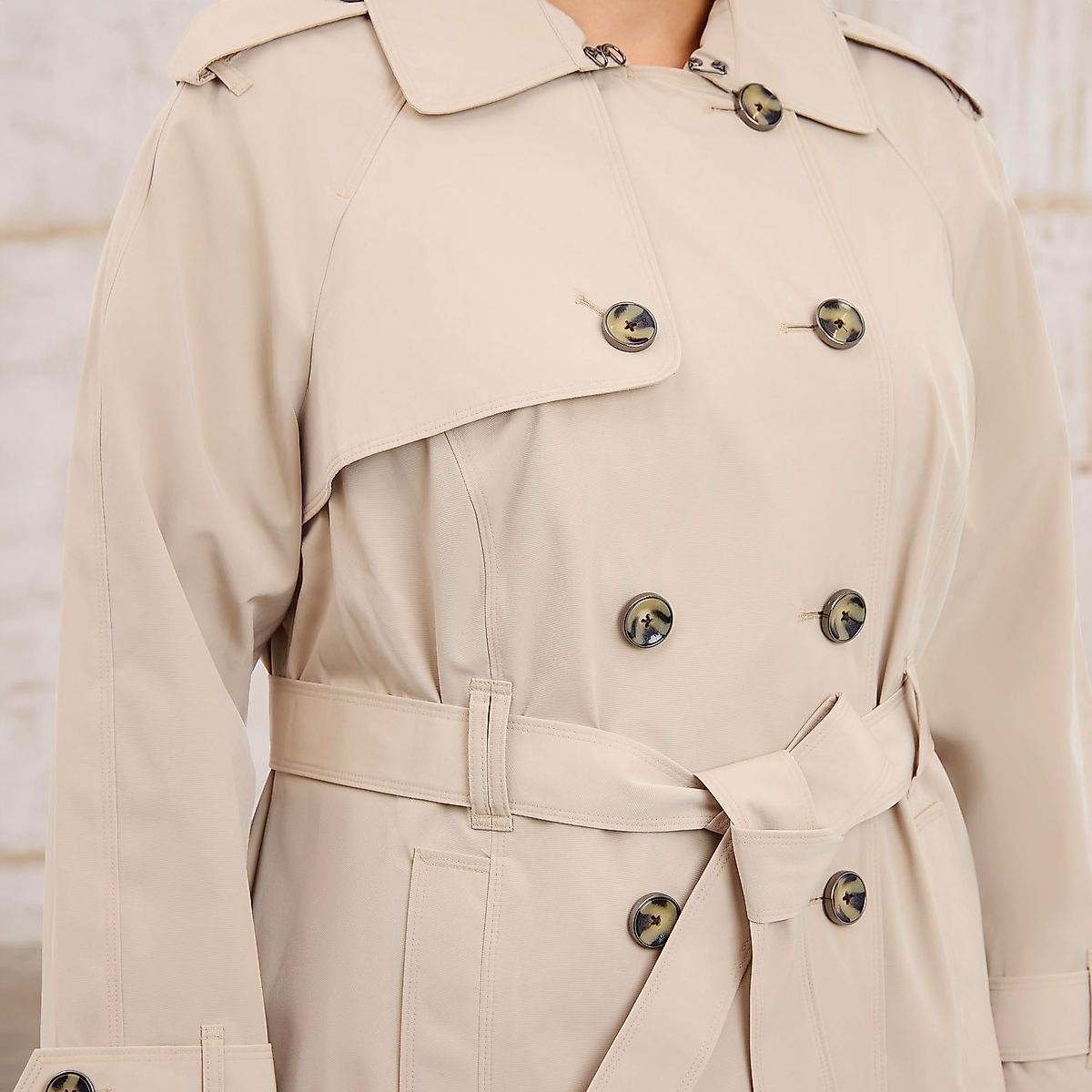 London Fog Women's Double-Breasted 3/4 Length Belted Trench Coat, Stone, L Large