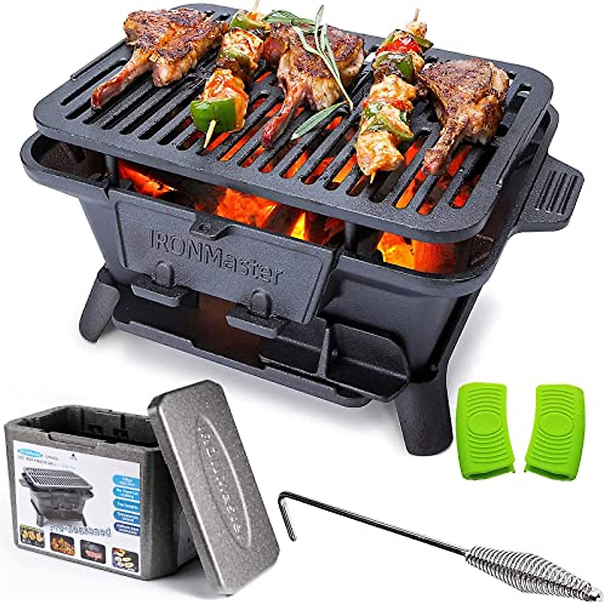 IronMaster Pre-Seasoned Cast Iron Hibachi Grill & Carrying case, Portable for Outdoor Japanese Yakitori BBQ Charcoal Grills, 2 Heights, Air Control & Coal Door
