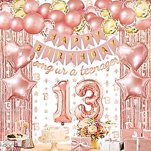 ZERODECO Rose Gold Birthday Party Decorations 13th, Happy Birthday Banner Fringe Curtain 13 Garland Heart Star Foil Confetti Balloons for Women Girls Queen Princess Birthday Party
