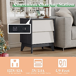 AMERLIFE Nightstands Set of 2, Mid-Century End Side Table with Beveled Drawers & Charging Station, Modern Storage Cabinet for Bedroom, Office, White & Black Walnut