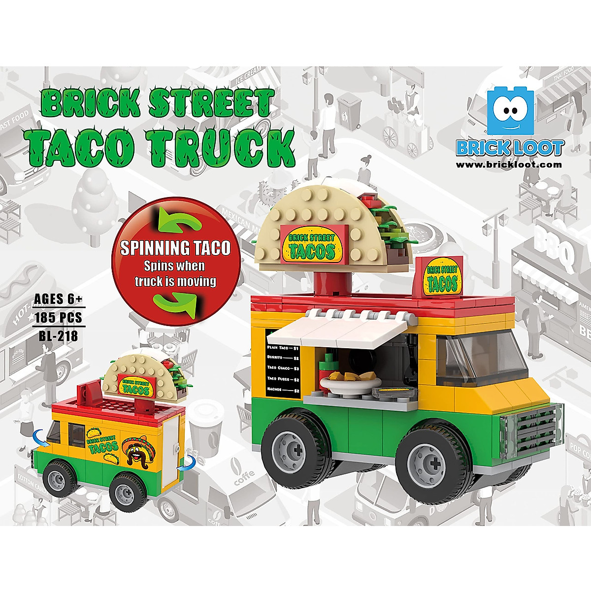 Brick Loot Taco Truck Toy Building Block Set with Spinning Street Sign, for Adults & Kids Age 6+, 100% Compatible with Lego and Other Major Brands, Custom-Designed Toy Building Set Model, 185 Pieces