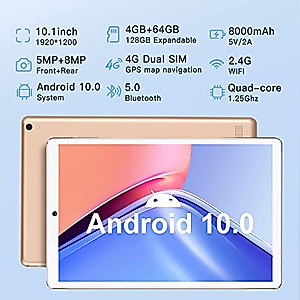 OUZRS 4G LTE Tablet 10 Inch Android 10, 4GB RAM 64GB/128GB ROM Quad Core 1920 * 1200 FHD Tablet PC Dual SIM 8000mAh Caméra 5+8MP Tablet Android with WiFi Bluetooth GPS Type-C Keyboard Mouse