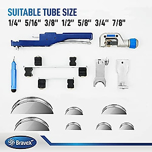 Bravex Tubing Bender Pipe Tube Bender Kit Refrigeration Ratcheting Hand Tool 1/4 to 7/8 Inch with Tube Cutter/Deburring HVAC Tool Refrigeration System Maintenance