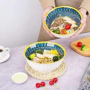 bozopion 56 oz Ceramic Salad Bowls,8 Inch Serving Bowls,Set of 2,Porcelain Bowls for Kitchen,White Blue and Yellow