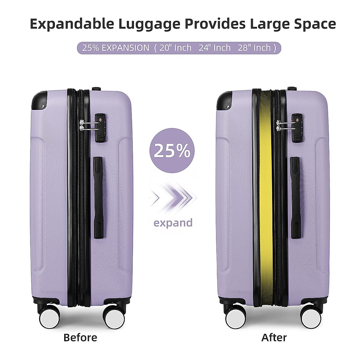 LARVENDER Luggage Sets 5 Piece, Expandable Luggage Set Clearance for Women, Suitcases with Wheels, Hardside Hard Shell Travel Luggage with TSA Lock (Lavender, 5pcs)