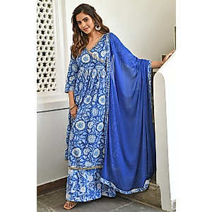 Janasya Indian Women's Blue Floral Block Printed Angrakha Kurta with Flared Palazzo and Dupatta