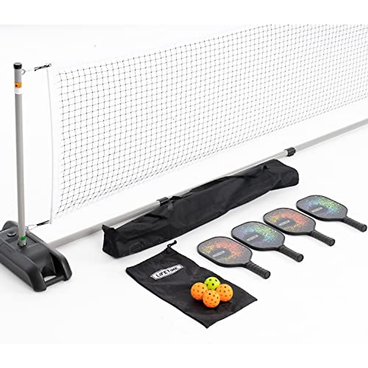 Lifetime Pro Pickleball Set – Includes Pickleball Net, 4 Paddles, 3 Outdoor Pickleballs, 1 Indoor Pickleball, 2 Portable Bases, Steel Poles, Paddle Bag, and Bag for Complete Set