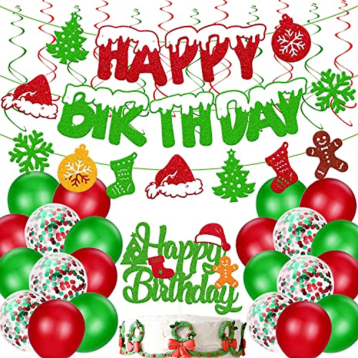 Christmas Birthday Decoration Happy Birthday Banner Christmas Cake Topper Red Green Hanging Swirls Balloons for Merry Christmas Tree Winter Snow Happy New Year Theme Party Supplies