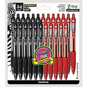 ZEBRA PENS, bulk pack of 24 ink pens, Z-Grip Retractable ballpoint pens Medium point 1.0 mm, 12 black pens & 12 Red pens combo pack