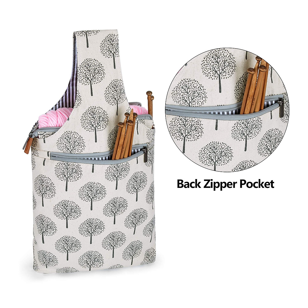 Teamoy Knitting Bag, Canvas Yarn Tote Project Bag for Knitting Needles, Yarn and Crochet Supplies, Perfect Size for Knitting on The Go, Tree