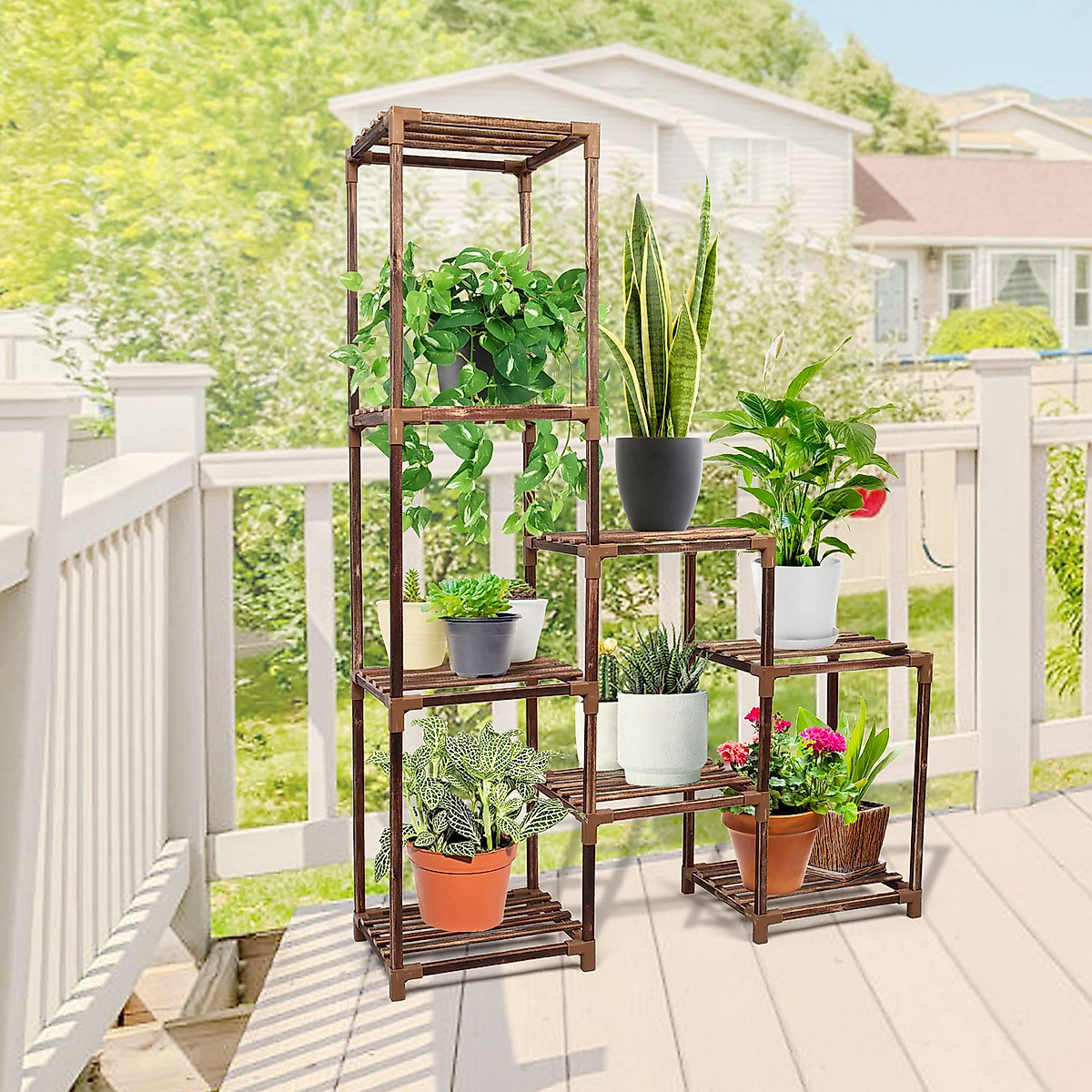 LotFancy Plant Stand Indoor Outdoor, Large Tall Wood Plant Shelf for Multiple Plants, 3 Tiers 8 Potted Plant Display Rack Garden Flower Shelves for Living Room Patio Corner Balcony Office