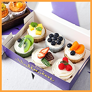 HONEYGIFTS 6 Count Cupcake Boxes, 6PCS Halloween Cupcake Boxes Cupcake Containers with Window Cupcake Holders Bakery Boxes for Holiday Party Supplies, 9.5 x 6.3 x 3 inches Purple