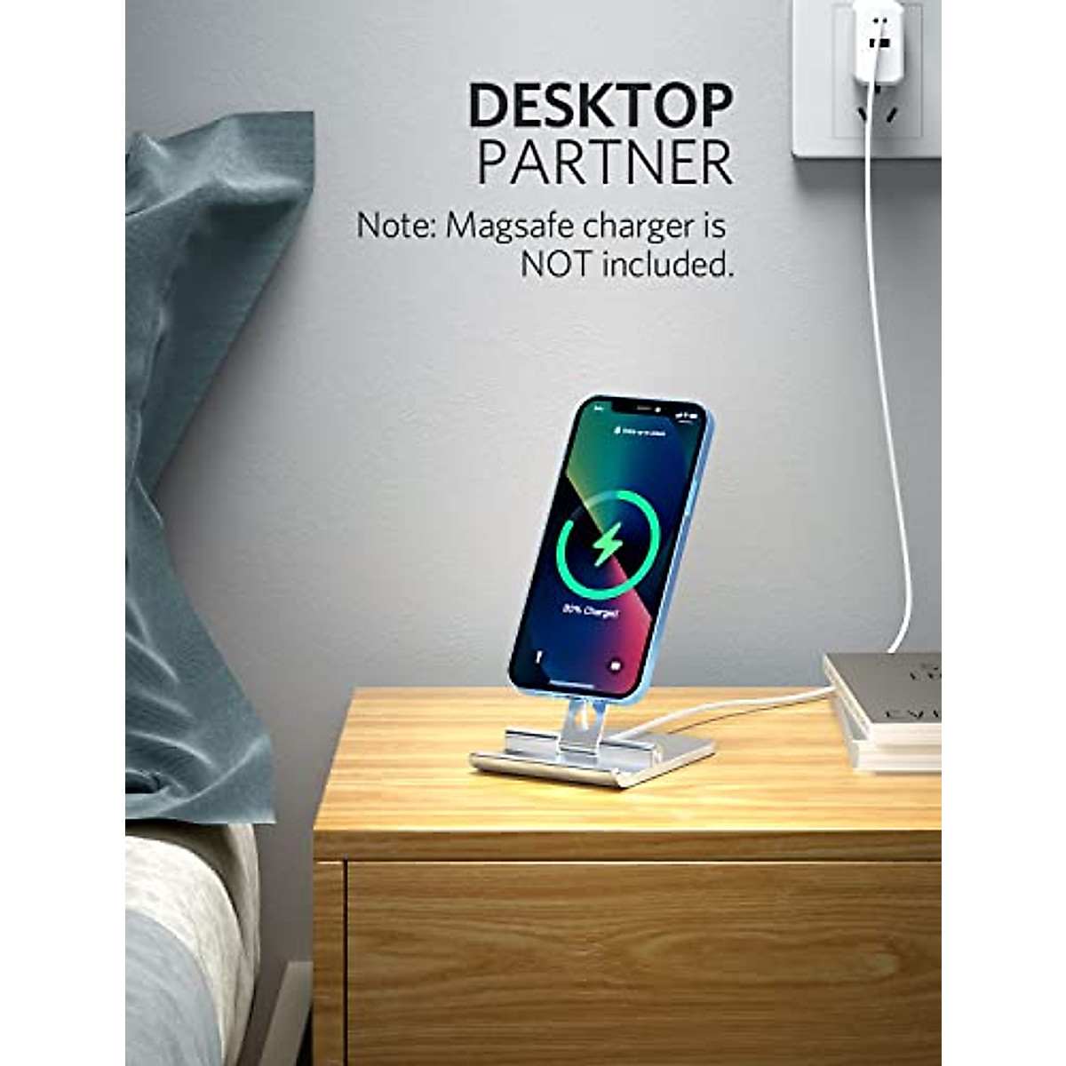 Laxarmer Phone Stand for MagSafe Charger, Adjustable Aluminum Stand Holder Dock Cradle for Desk, Compatible with iPhone 14 13 12 Mini, Pro, Pro Max, MagSafe Charger Not Included-Silver