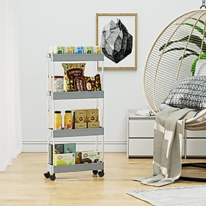 OTK Slim Storage Cart 4 Tier Mobile Shelving Unit Organizer, Utility Rolling Shelf Cart with Wheels for Bathroom Kitchen Bedroom Office Laundry Narrow Places，Grey