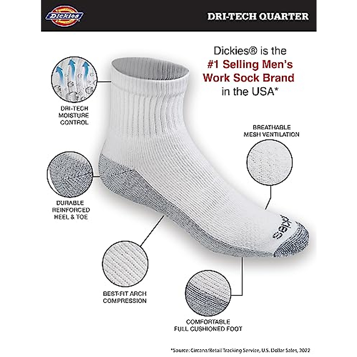 Dickies Men's Big & Tall Dri-Tech Moisture Control Quarter Socks, Available in M-XXL (6, 18, White (12 Pairs), XX-Large