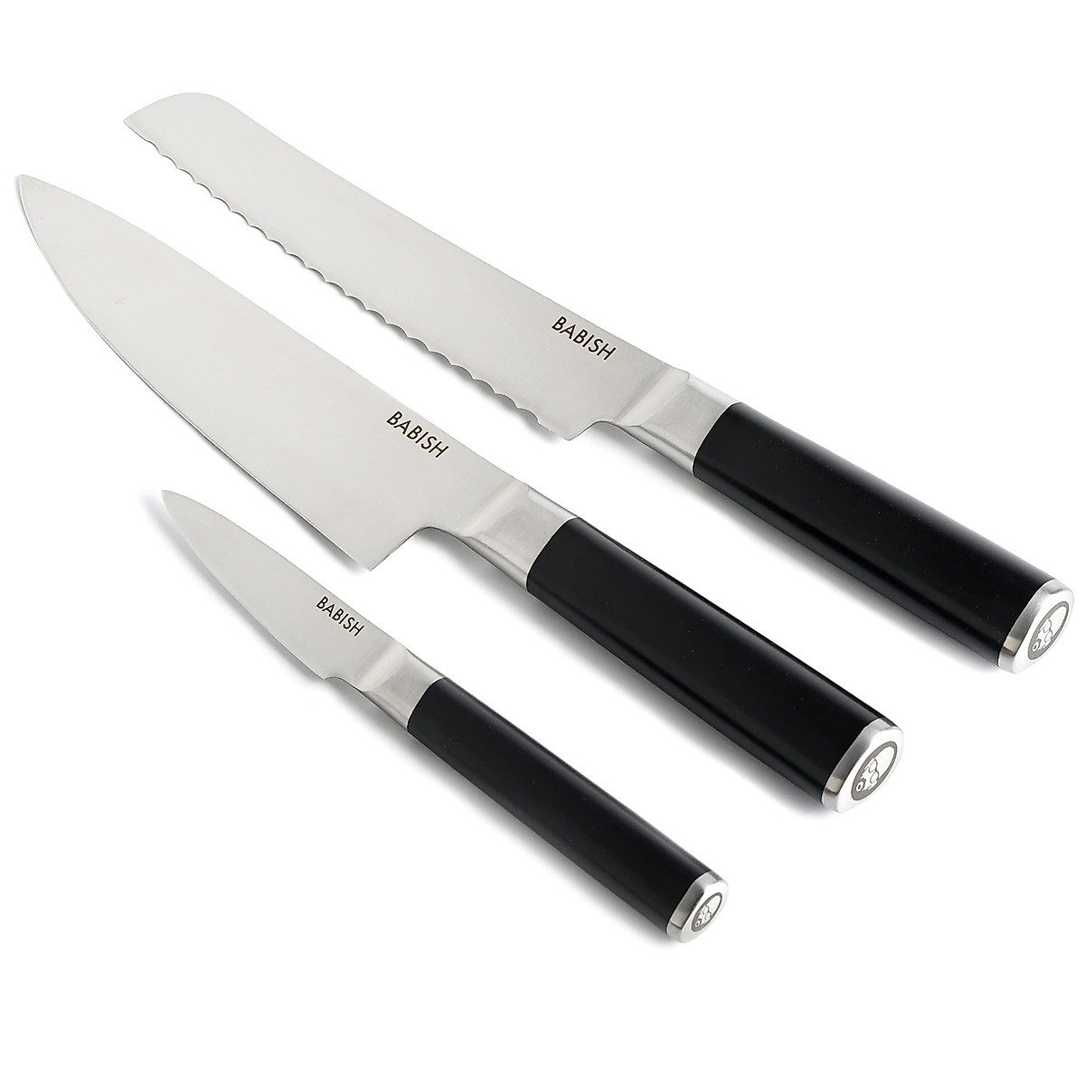 Babish German Steel Cutlery Bundle with Knife Roll (Chef Knife, Bread Knife, Pairing Knife, Santoku Knife)