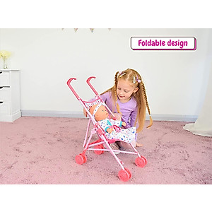 KOOKAMUNGA KIDS Baby Doll Stroller – Umbrella Stroller for Dolls - Foldable & Lightweight Baby Stroller for Dolls - Play Stroller w/ Sturdy Steel Frame - Ideal for Baby Dolls up to 18" - Pink Unicorn