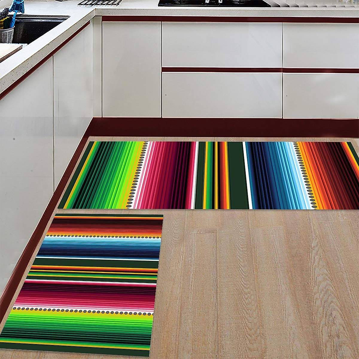 Infinidesign 2 Piece Mexican Serape Kitchen Mats Set 19.7x31.5inch+19.7x47.2inch, Anti-Fatigue Non-Slip Chef Mat Kitchen Rug Cushioned Floor Rugs, Colorful Stripes