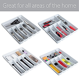 Smart Design 6 Compartment Plastic Drawer Organizer - Non-Slip Lining and Feet - BPA Free - Utensils, Flatware, Office, Personal Care, or Makeup Storage - Kitchen - White with Gray