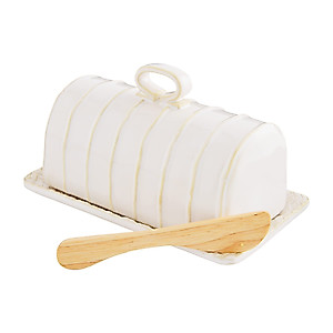 Mud Pie Butter Dish Set, White, dish 3 3/4" x 6 3/4" | spreader 5 1/2"