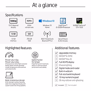 HP Pavilion Gaming 15-Inch Laptop, Intel Core i5-9300H, NVIDIA GeForce GTX 1650, 12GB RAM, 256GB SSD, Windows 10 (15-dk0041nr, Black)