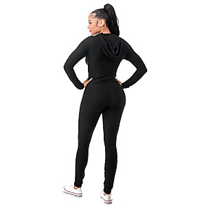 Workout Gym Bodycon Yoga Outfit 2 Piece Hoodie Set Leggings Bodysuit Plus Size (2pc Set: Black, Medium)