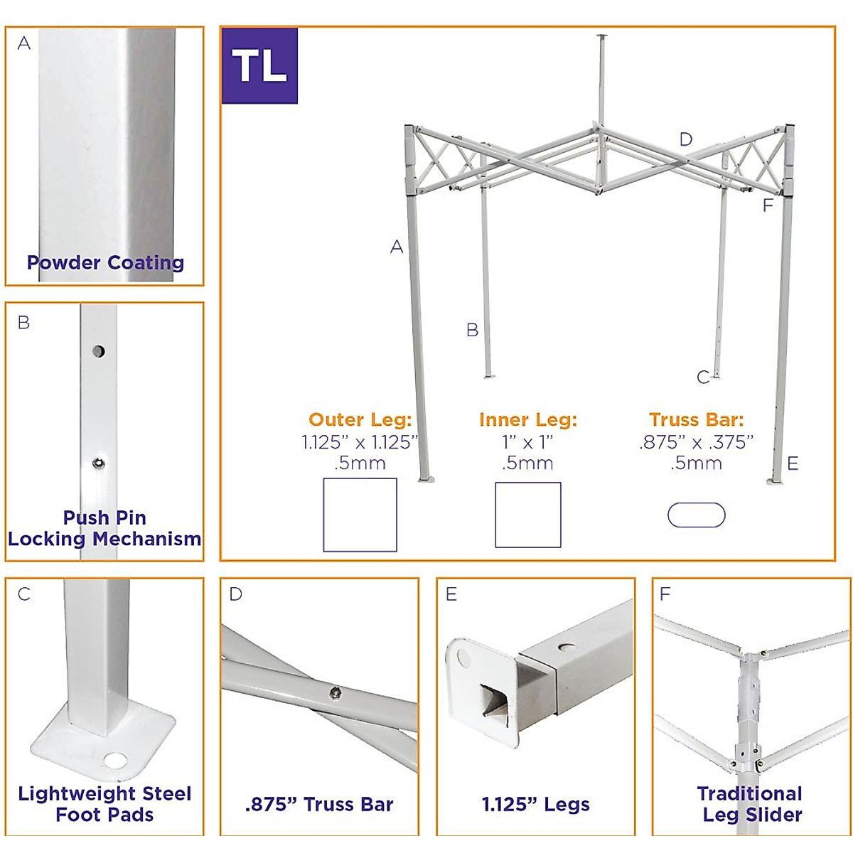 Impact 10' x 10' Pop Up Canopy Tent, Recreational Grade Steel Frame Includes 4 Weight Bags and Roller Bag, White
