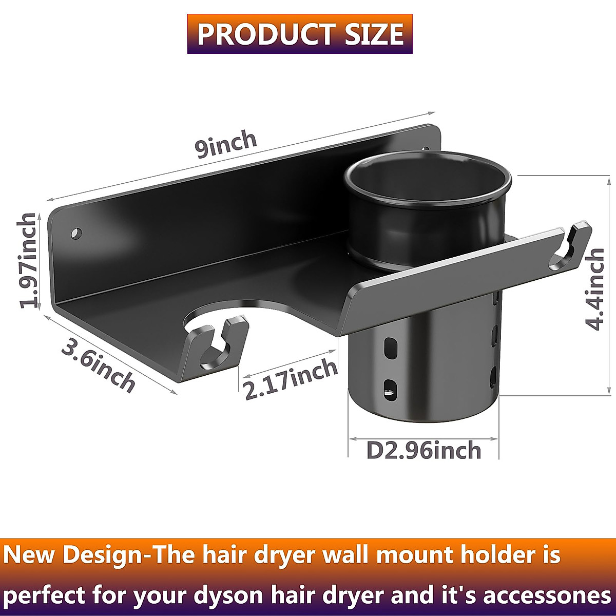 Self Adhesive Hair Dryer Holder for Dyson Hair Dryer Holder, Wall Mount Bathroom Organizer for Flat Irons, Curling Wands, Hair Straighteners, Compatible with Most Hair Dryers (Wrought Iron, Black)