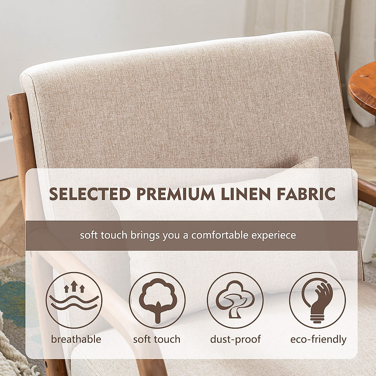 ANJHOME Mid Century Modern Accent Chair, Comfy Fabric Living Room Chairs with Solid Wood Frame, Lounge Reading Armchair, Easy Assembly, Beige