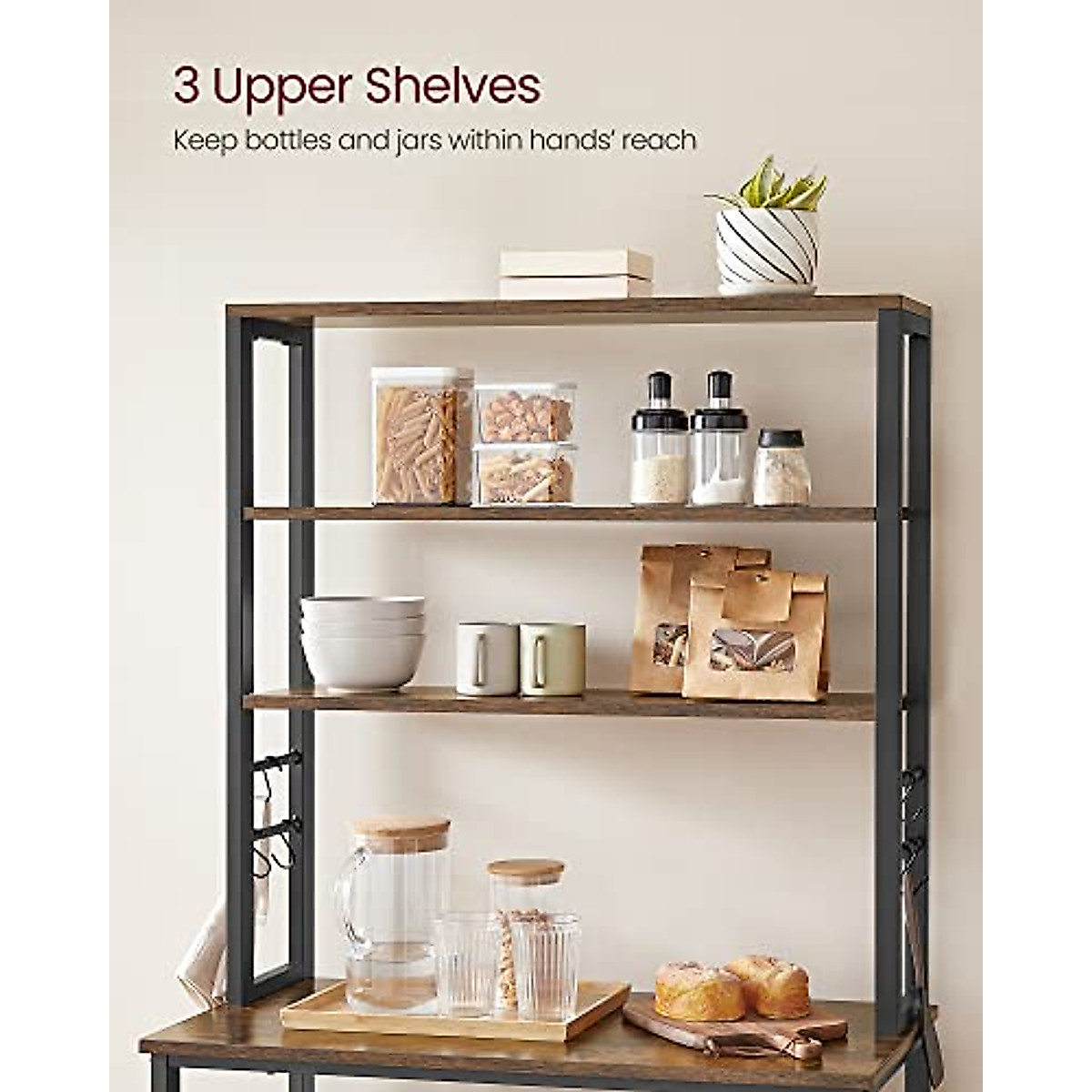 VASAGLE Baker's Rack, Microwave Oven Stand, Kitchen Tall Utility Storage Shelf, 6 Hooks and Metal Frame, Industrial, 15.7 x 31.5 x 65.7 Inches, Rustic Brown and Black UKKS019B01