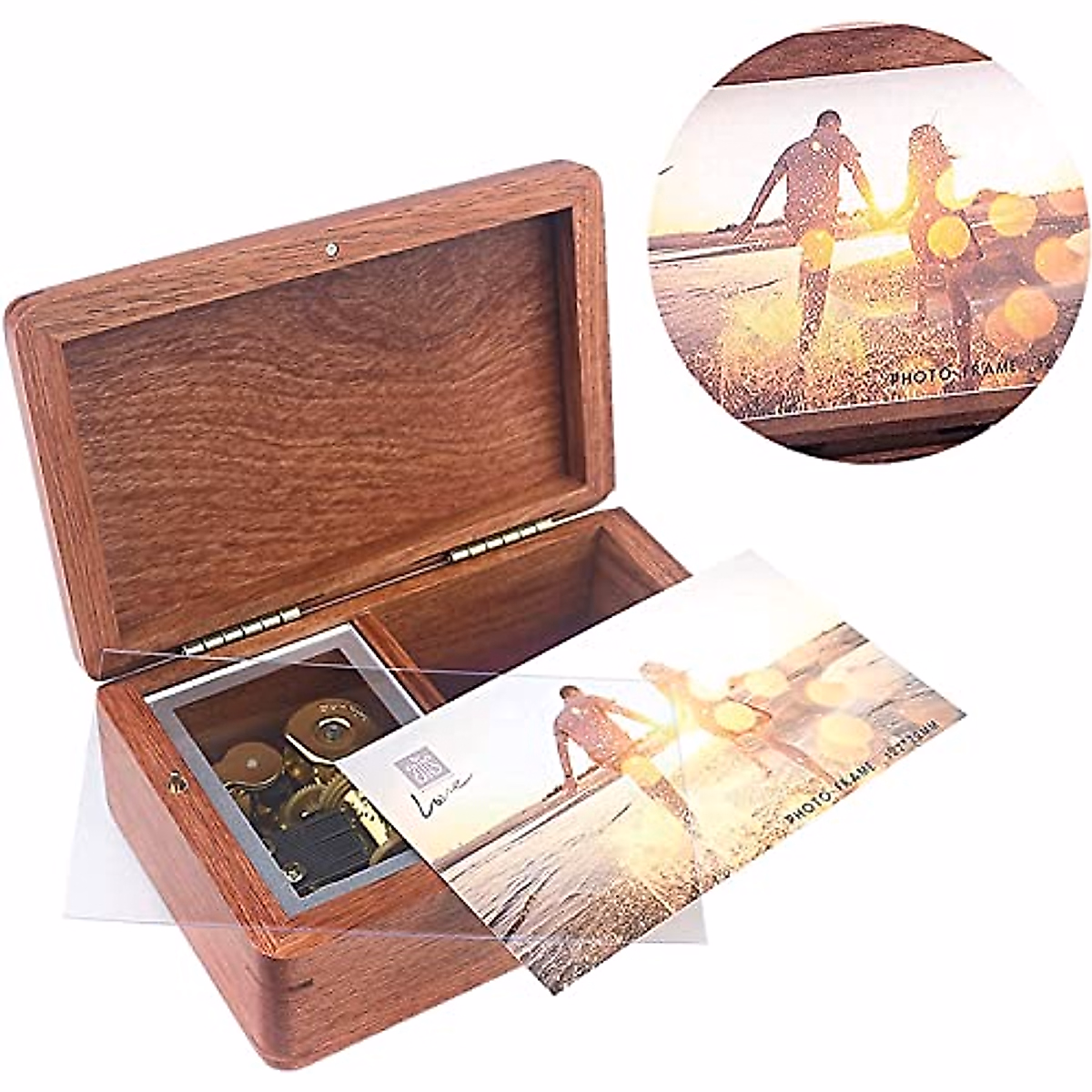 JJYmusic Natural Solid Wood Wind-up Music Box Long Photo Frame Jewelry Musical Box Great Gift for Birthday Christmas(Walnut; Tune: You Are My Sunshine)