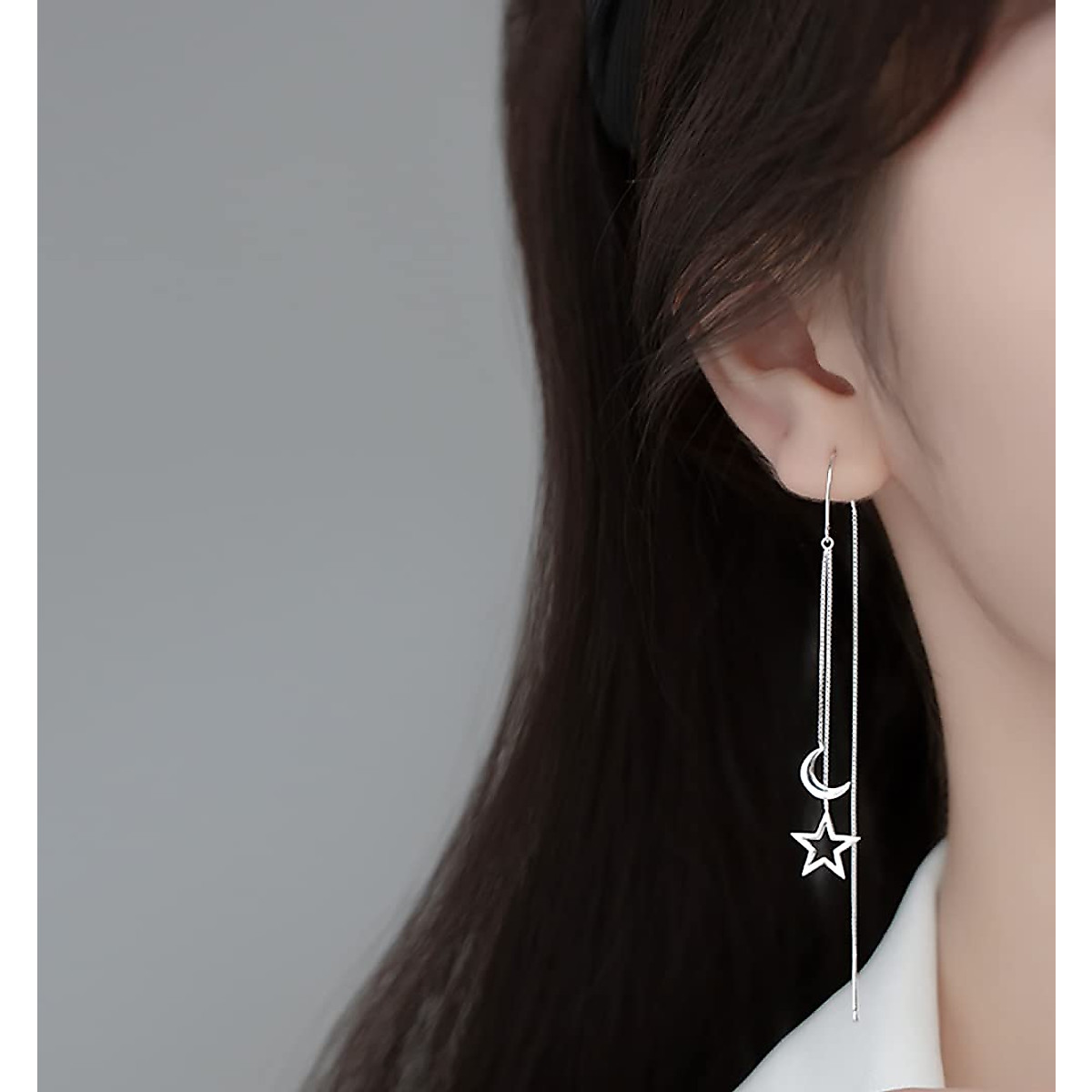 Reffeer Solid 925 Sterling Silver Moon Star Threader Dangle Earrings Chain for Women Teen Girls Long Dangle Earrings Tassel Chain (A-Silver)