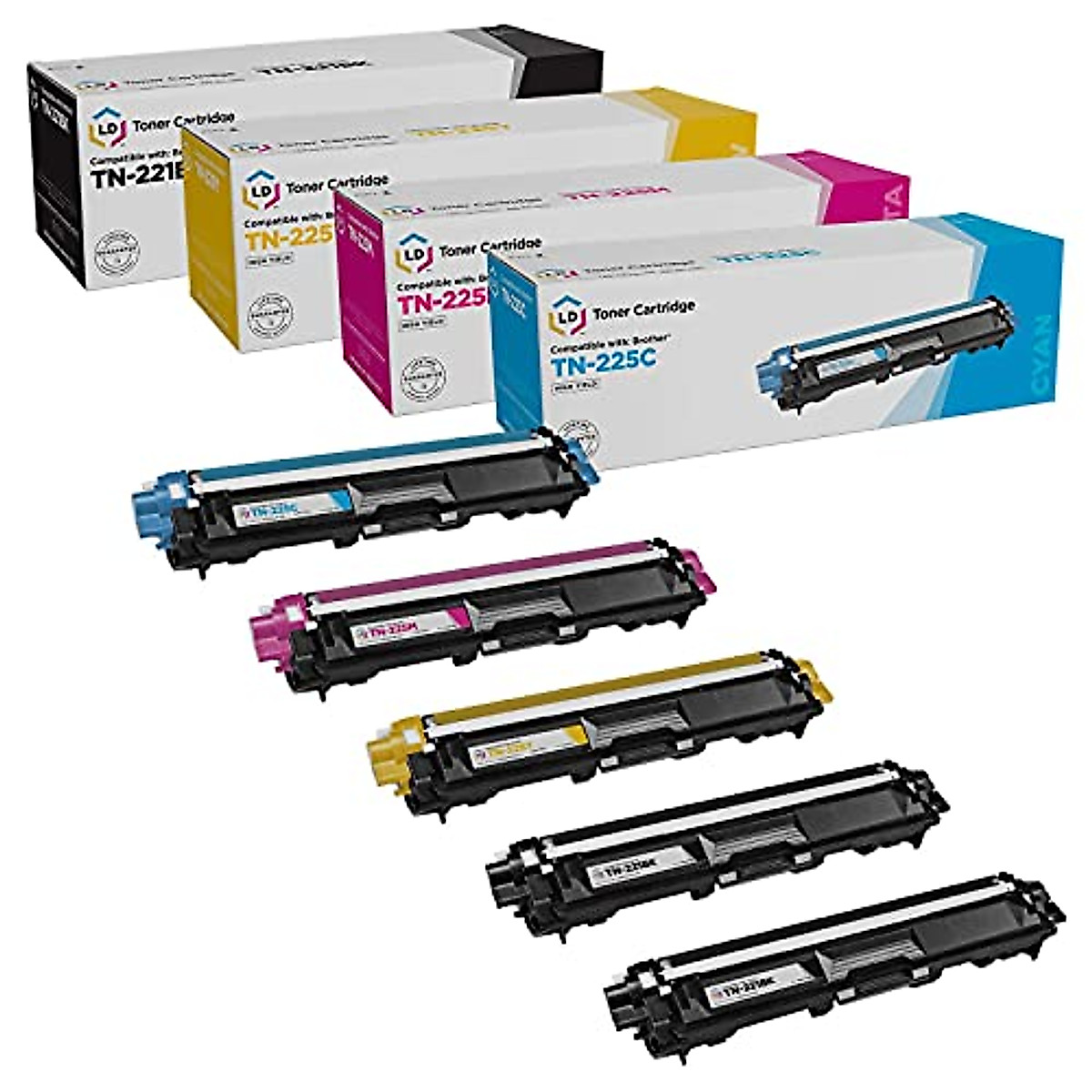 LD Compatible Toner Cartridge Replacements for Brother TN221 & TN225 High Yield (2 Black, 1 Cyan, 1 Magenta, 1 Yellow, 5-Pack)