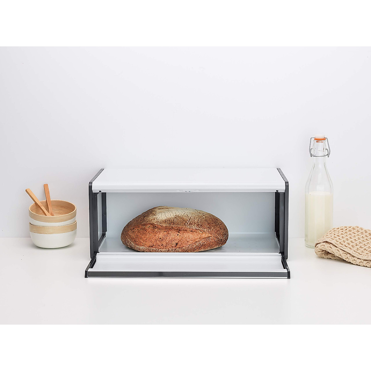 Brabantia Rectangular Fall Front Bread Box (White) Large Front Opening Flat Top Bread Store for Kitchen Counter, Fits 2 Loaves