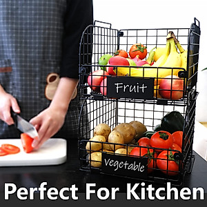 4 PACK Wire Stackable Baskets for Organizing,Fruit Basket for Kitchen,Pantry organizers and storage,12"x10.4"x7.8" Metal Baskets,Vegetable,Fruit,Snack,Onion,Potato,Can,K-Cup Organization,Black
