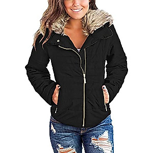 Vetinee Women Casual Faux Fur Lapel Zip Pockets Quilted Parka Jacket Puffer Coat Black XX-Large (Fits US 18-US 20)