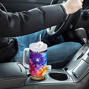 Msyxl 30 oz Insulated Stainless Steel Tumbler with Handle and Straw Lid - Leak-proof Coffee Mug for Men Women, Travel Mug Fits Cup Holder (Bright Tie-dye Pattern)