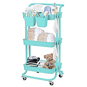 Baby Diaper Caddy Organizer Metal Rolling Storage Cart on Handle 3-Tier Rolling Mobile Utility Cart Movable Storage Organizer with Wheels Multifunction Newborn Essentials Cart Easy Assembly(Blue)