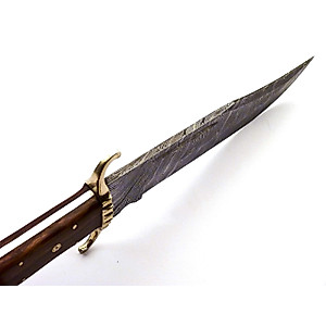 Skokie Knives Custom Hand Made Damascus Steel Hunting Bowie Knife Handle Walnut Wood With Mosic Pins And Brass Guard