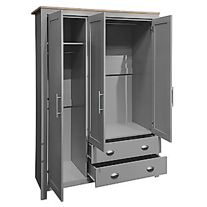 Merax 3 Doors Grey Wood Wardrobe Cabinets, Bedroom Accent Armoire Closet Organizer with Big Drawers, Hanging Rails and Shelve, Functional Clothes Storage Cabinet for Home Room, Dorm, Apartment, Gray