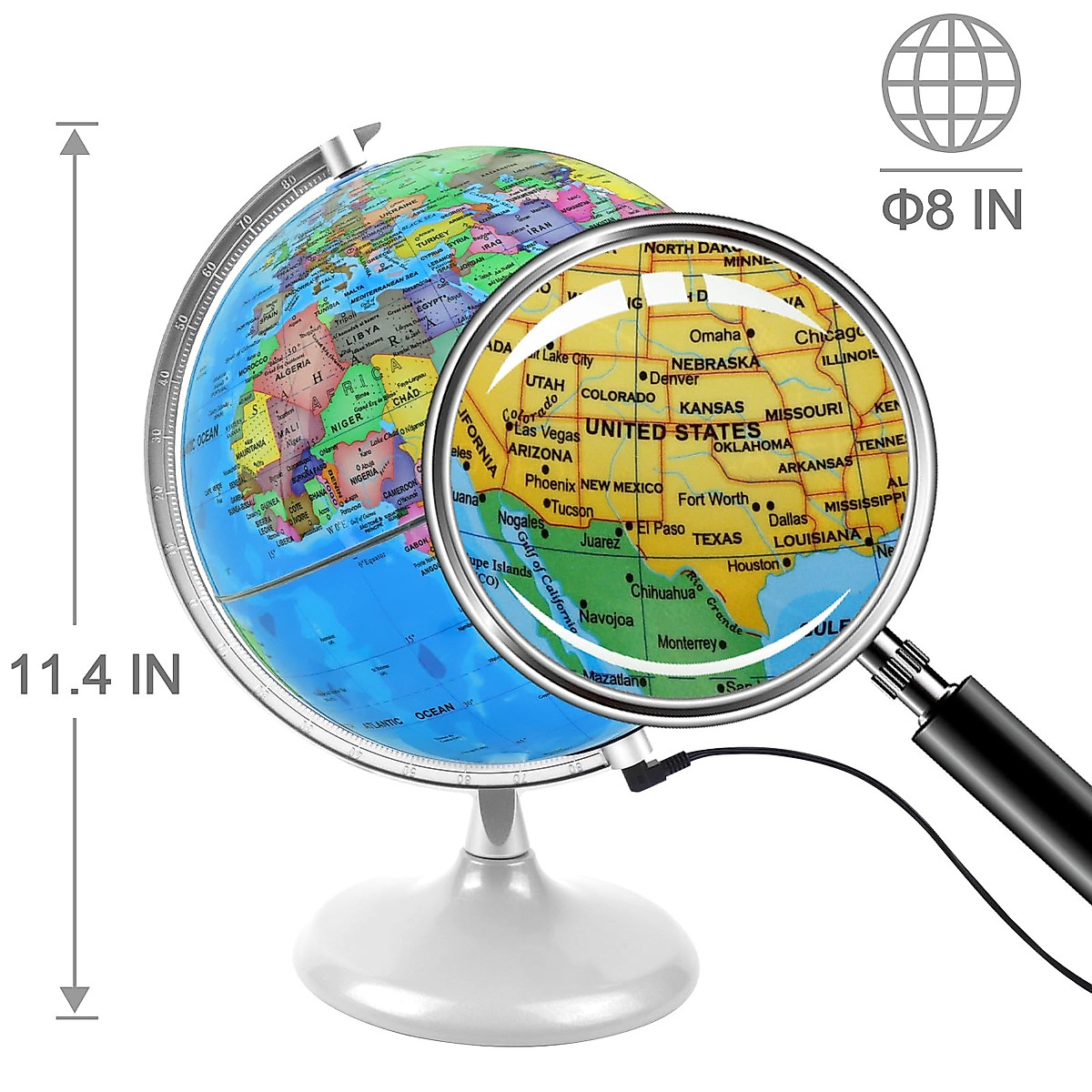 Illuminated World Globe, DIY Self-Assembly Stem Globe for Kids Learning 8 Inch Metal Bracket Constellation Earth globe for children 360° Rotating Educational World Globes for Kids